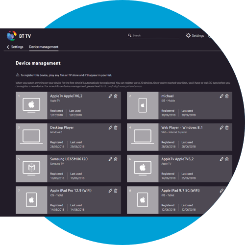 Managing your device on the BT TV App - Web | BT Help
